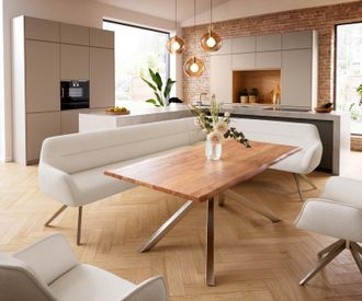 DELIFE Esszimmerbank Taya-Flex 285x190 cm Boucl&eacute; Creme-Wei&szlig; Kreuzgestell kantig Edelstahl Taschenfederkern Links, B&auml;nke