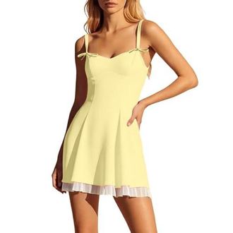 Generic Robe d&eacute;t&eacute; pour femme - Corset - Mini robe sans manches dos nu avec ourlet &agrave; volants - Couleur unie - Avec noeud papillon et bretelles, jaune, XL