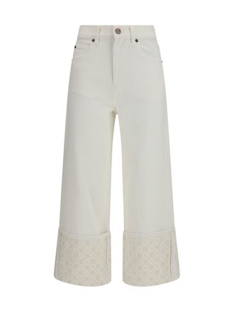 Tory Burch Womens Straight-Leg Jeans With T Monogram Cuffs, White Cotton