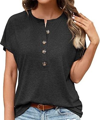 Generic T-shirt pour femme - Col en V avec boutons - Manches courtes - T-shirt basique d&eacute;t&eacute; - Coupe ample - &Eacute;l&eacute;gant - Stretch - D&eacute;contract&eacute; - Couleur unie, No