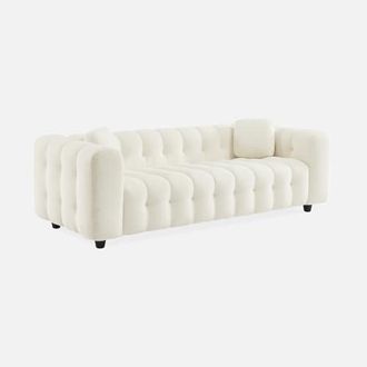 Sweeek Canapé 3 Places en Bouclette texturée capitonné Blanc crème - Structure Bois deucalyptus et contreplaqué