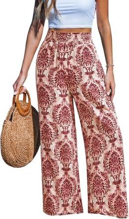 Cupshe Palazzo Pantalon de plage taille haute élastique en coton et lin pour femme, Rouge, XL