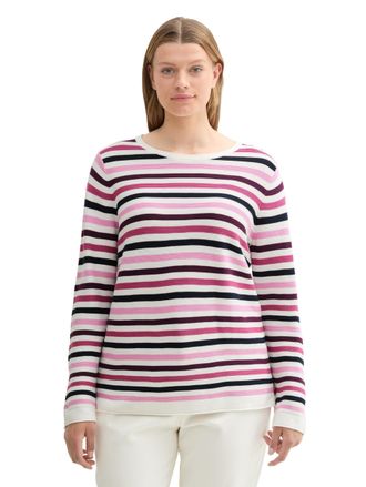 Tom Tailor Damen Plussize Strickpullover aus Bio-Baumwolle, 36210 - Berry Knit Stripe Design, 48