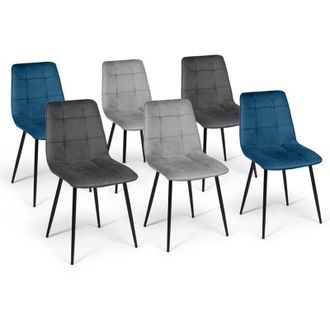 IDMarket Idmarket - Lot de 6 chaises MILA en velours - Assise matelass&eacute;e - Dossier 45 cm - Pieds en m&eacute;tal noir - Couleurs bleu, gris clair, gris fonc&eacute;
