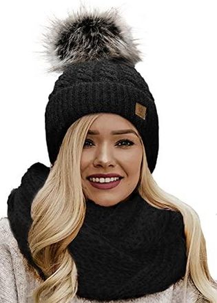4sold Femme Set Bonnet et &eacute;charpe Mohair dhiver Wool Chapeau Hat Grande Faux Pom Pom Bonnet dhiver Chaud Doublure Polaire - Set Carla Black