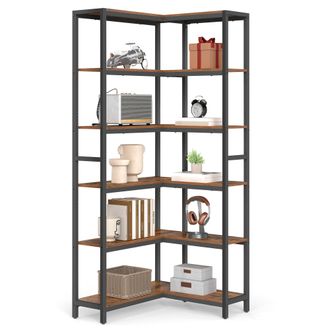 Vasagle B&uuml;cherregal mit 6 Ebenen, Eckregal, Aufbewahrungsregal, 24 x 102 x 175,2 cm, modern, f&uuml;r Wohnzimmer, Schlafzimmer, B&uuml;ro, vintagebraun-tintenschwarz LL