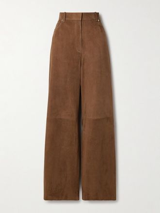 Loewe Pantalon Large Taille Haute En Daim - Marron