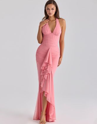 House of CB Carmine - Robe longue dos nu en tulle effet cascade - Framboise-Rose