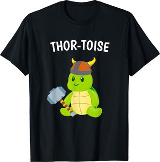 Foxxy Merch Kinder Cartoon T-Shirt, Schwarz, S, Kurzarm, Unisex, Nordische Mythologie, Wikinger-Schildkr&ouml;te, Cartoon-Design