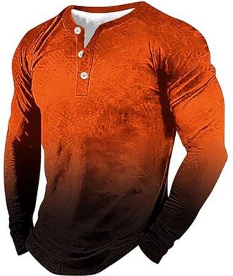 Generic T-shirt Henley en coton l&eacute;ger et d&eacute;contract&eacute; &agrave; manches longues avec trois boutons - Coupe droite - Imprim&eacute; 3D - Couleur d&eacute;grad&eacute;e - Coupe classique - R