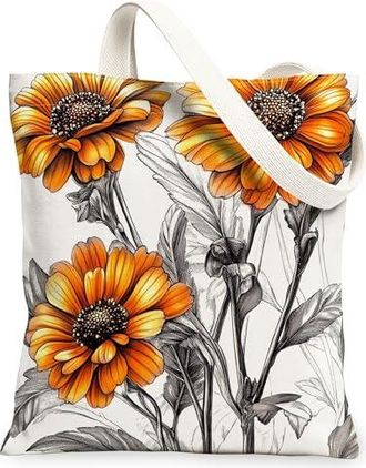 Generic Sac fourre-tout en toile de fleurs de calendula printani&egrave;res pour le shopping, 33 x 38 cm, simple et mignon, motif floral, r&eacute;utilisable, sac d&eacute;picerie