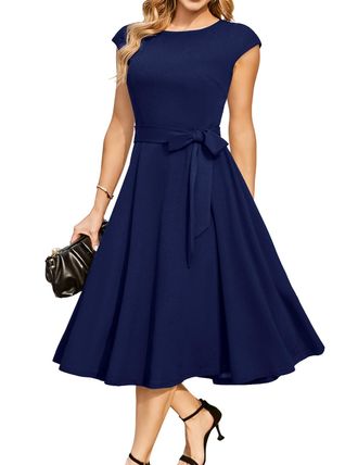 Dresstells Cocktailkleid Damen Blau Festliche Kleider 1950er Knielang Rockabilly Hochzeitkleid Abendkleid Kurz Vintage Swing Elegante Weihnachtskleid Navy 3XL