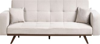Beliani 3-Sitzer Sofa Stoff Hellbeige gepolstert gesteppt mit Schlaffunktion 2 Kissen Dunkle Metallbeine Hjulby