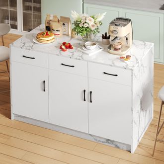 Generic Gro&szlig;e K&uuml;cheninsel mit Barbereich, 3 ger&auml;uschlose Schubladen & 3 Schr&auml;nke mit verstellbaren Einlegeb&ouml;den, wei&szlig;es Marmordesign, robuste Arbeitsplatte f&uuml;