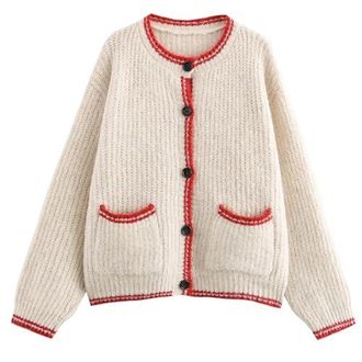 Generic Cardigan d&eacute;contract&eacute; &agrave; manches longues pour femme, coupe d&eacute;contract&eacute;e, col rond contrast&eacute;, boutonn&eacute;, avec poches, caf&eacute;, taille unique pour un usage qu