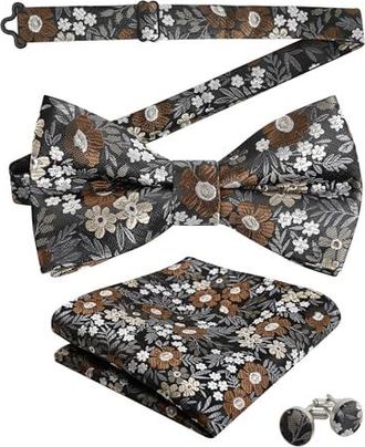 Alizeal Noeud papillon pré-noué pour homme, carré de poche et boutons de manchette classique pour fête de mariage, 006-Noir + Gris + Marron, taille unique