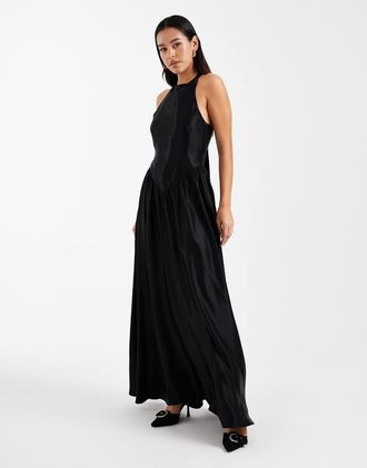 Asos Robe longue en satin à encolure bateau et coutures apparentes - Noir