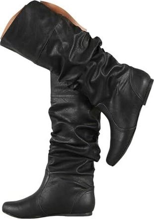 Generic Bottes plates pour femme - Bottes souples - Bottes larges au genou - En daim - Fermeture éclair - Fond plat - Bottes moyennes - Bottes longues et larg