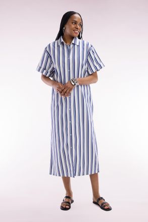 Eden Park Robe Chemise Ray&eacute;e En Coton Marine Et Blanc Coupe D&eacute;contract&eacute;e