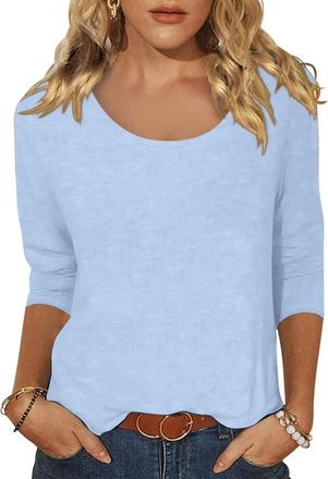 Minetom Damen T-Shirt 3/4 Arm Shirt mit Rundhalsausschnitt Tshirt Sommer Basic Pullover Oberteile Herbst A Blau M