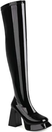 Generic Bottes hautes extensibles pour femme - Bout carr&eacute; - Talon &eacute;pais - Fermeture &eacute;clair lat&eacute;rale - Veau large - Chaussures de performance tendance, Noir, 3