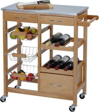 Koopman Desserte de Cuisine en Bois de Pin et Acier Inoxydable