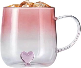 Generic Glas-Kaffeetassen-Set - 3D-Herz-Design, Trinkgl&auml;ser, Tasse, rosa Farbverl&auml;ufe, Glas mit 3D-Herzverlauf, 400 ml Glasbecher f&uuml;r hei&szlig;e Getr&auml;nke, f&uuml;r Reis