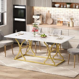 Generic Esstisch 200×80cm für 8-10 Personen, Modernes Marmorlook-Design, 2,5cm Dicke Tischplatte, Goldfarbene Metallbeine mit Verstellbaren Gleitern, Für Wohn