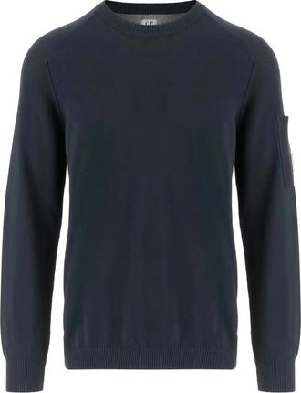 C.P. Company C.p. Company, Homme, Pulls, Bleu, Taille: XL Pull Ras du Cou en Cr&ecirc;pe de Coton avec Logo Lens