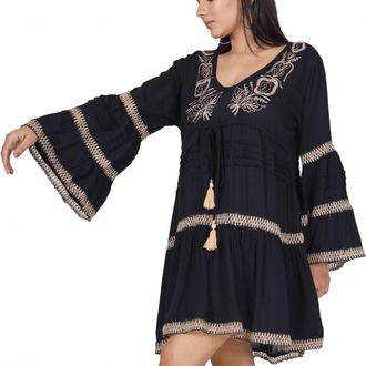 Guru Shop Boho Krinkelbluse, Bestickte Hippie Tunika - Schwarz, Damen, Synthetisch, Size:M