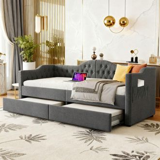 Generic Samt-Polsterbett in Beige mit Stauraumfunktion, 90x200 cm Daybed Schlafsofa mit USB-C-Ladung und 2 Schubladen (Grey)