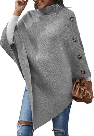 Generic Poncho à col roulé pour femme, col haut, pull asymétrique, pull pour lautomne et lhiver, poncho à col roulé pour femme, gris, Taille unique