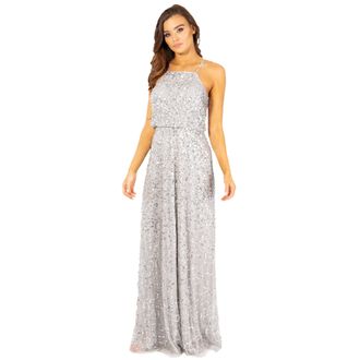 Maya Womens Soft Grey Halter Neck Embellished Maxi with Drape Over Waist Bridesmaid Dress, 36