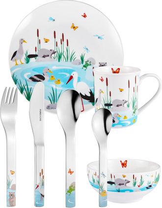 Puresigns Kindergeschirr mit Kinderbesteck Set Puresigns - Manao - Biber, Storch, Frosch, Ente, Schmetterling - 7-teilig