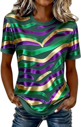 Generic T-shirt d&eacute;contract&eacute; &agrave; manches courtes et col rond pour femme - Imprim&eacute; abstrait &agrave; rayures color&eacute;es - T-shirt d&eacute;t&eacute; doux et extensible pour le travail, 