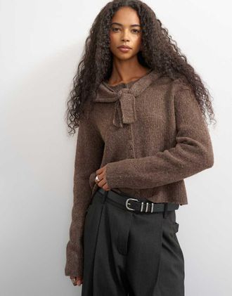Topshop Strick-Cardigan mit Schal und Wolle in Pecan-Braun