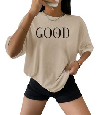 TOMWELL Damen Tshirt Kurzarm Sommer Oberteile Oversized T-Shirt mit Buchstaben Druck Lose Rundhals Sport Shirt Teenager M&auml;dchen Top Tunika Lang G Aprikose XXL