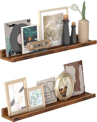 Vasagle Wandregale, 2er Set, Schweberegale, Breite 60 cm, erhöhte Vorderkante, für Bilderrahmen, Dekoartikel, Gewürzgläser, für Küche, Wohnzimmer, vintagebrau