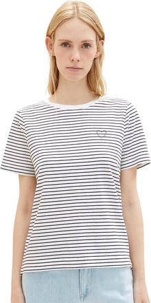 Tom Tailor Damen T-Shirt mit Herz-Print, 31539 - Offwhite Navy Thin Stripe, XL