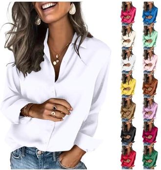 Generic Chemise Boutonnée en Satin à Manches Longues pour Femme - Chemisier en Soie Chic et Elegant - Col en V - Style Décontracté pour Le Travail et Le Burea