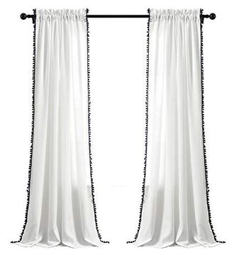 Lush Décor Pompon-Vorhang, strukturiert, einfarbig, Vintage-Chic-Stil, Fensterpaneel für Wohnzimmer, Esszimmer, Schlafzimmer (Einzel), Marineblau, 127 cm B x 244