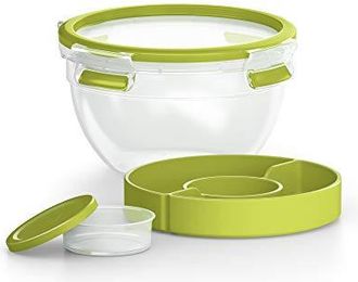 Emsa Clip & Go Salatbox, 2,6 L, rund, mit 2 praktischen Fächern, 100 Prozent dicht, mit Frischedichtung, Transparent, Hellgrün, Made in Germany, N10713