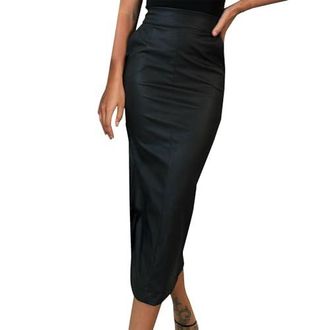 Generic Jupe crayon mi-longue en cuir synth&eacute;tique - Robe midi d&eacute;contract&eacute;e - Couleur unie - Taille haute - Coupe ajust&eacute;e - Ourlet extensible - Fente - Jupe-sh