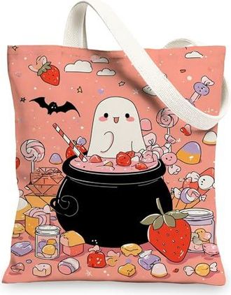 Generic Sac fourre-tout en toile motif fantôme mignon, adorable motif de bonbons de dessin animé, sacs à provisions réutilisables, amusants, fantaisistes, lég