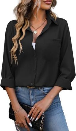 SHEKINI Chemisier Femme Élégant et Chic Manches Longues Haut Top Col en V Boutonné Décontracté Couleur Unie Blouse avec Poche Coupe Ample