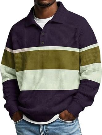 Generic Polo ray&eacute; &agrave; manches longues pour homme - Texture gaufr&eacute;e - D&eacute;contract&eacute; - Haut de bureau - Travail quotidien - Polo &agrave; manches longues confortable pour 