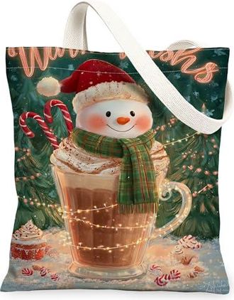 Generic Sacs fourre-tout en toile motif bonhomme de neige de No&euml;l, sacs d&eacute;picerie r&eacute;utilisables, sacs d&eacute;picerie r&eacute;tro, l&eacute;gers, lavables, Vert, 13x15 Inch
