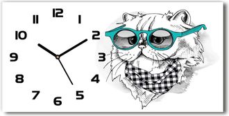 Tulup Wanduhr aus Glas 60x30 cm Glas Uhr Bild Glasuhr Geh&auml;rtetes Glas K&uuml;chenuhren - Schwarze Zeiger - Katze mit Brille