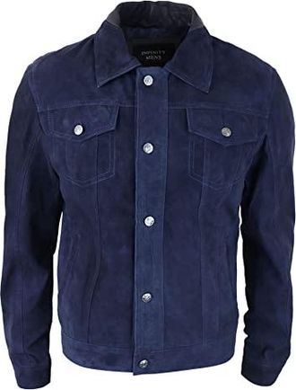 TruClothing Blouson en Daim v&eacute;ritable pour Homme Style Veste en Jean Courte Biker Classique Vintage - Bleu Marine S