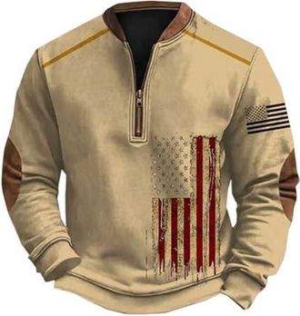 Generic Sweats à capuche pour homme - Décontracté - Mode ample - Imprimé drapeau américain en 3D - Col zippé - Manches longues - Pull dhiver - Coupe ajustée, 